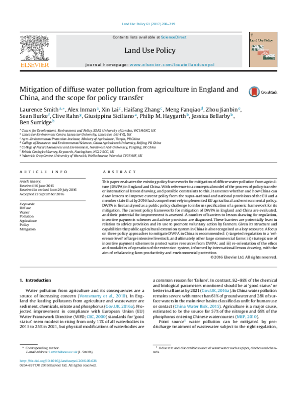 (PDF) Mitigation of diffuse water pollution from agriculture in England ...