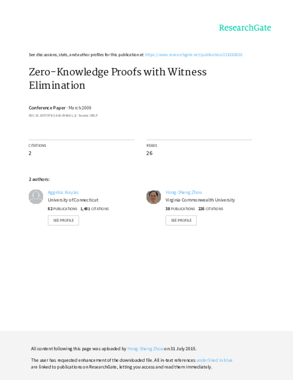 (PDF) Zero-Knowledge Proofs with Witness Elimination