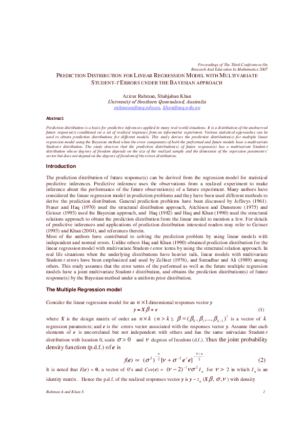 (PDF) Prediction distribution for a linear regression model with multivariate student-t error ...