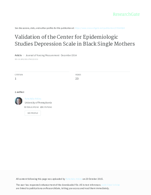 (PDF) Validation of the Center for Epidemiologic Studies Depression ...