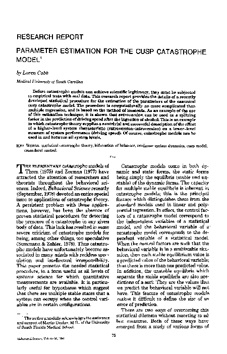 Pdf Parameter Estimation For The Cusp Catastrophe Model