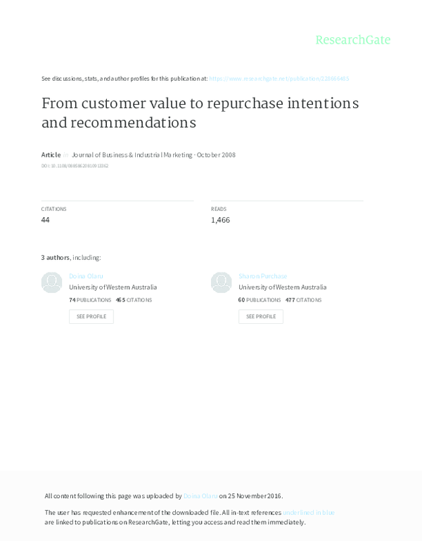 (PDF) From customer value to repurchase intentions and recommendations
