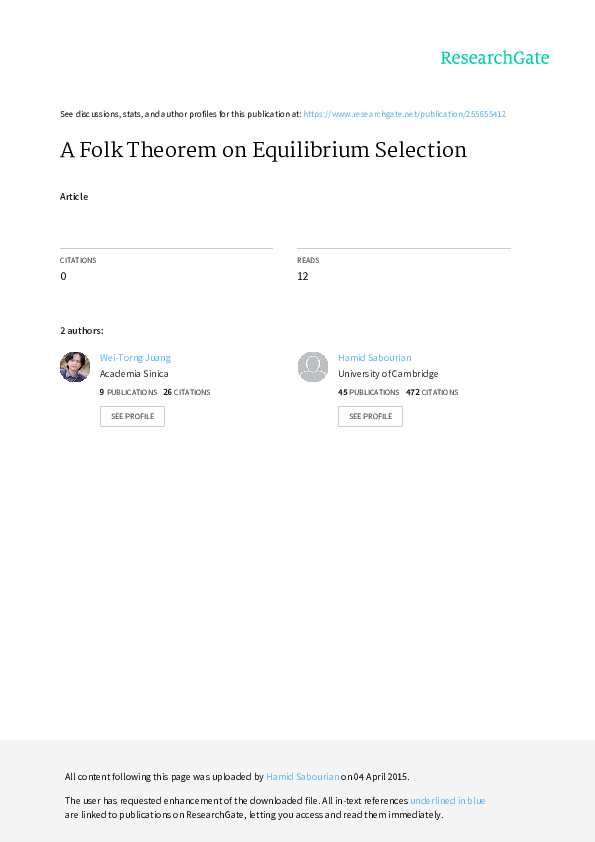 (PDF) A Folk Theorem on Equilibrium Selection
