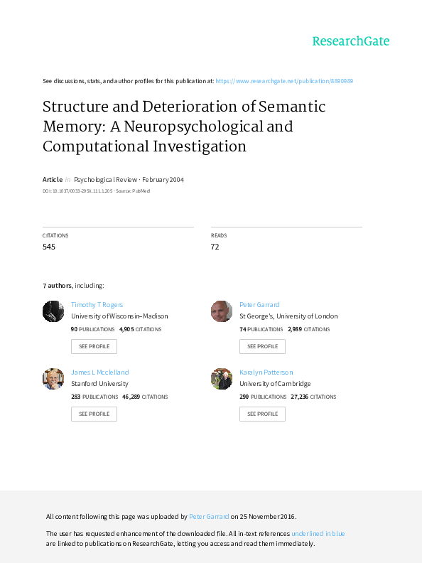 Pdf The Structure And Deterioration Of Semantic Memory A Neuropsychological And Computational
