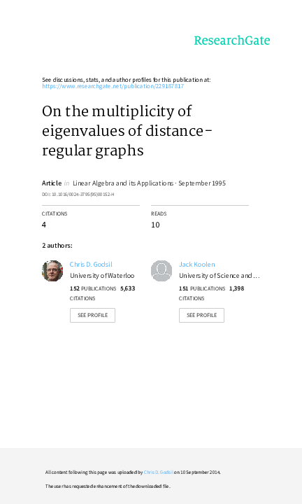 (PDF) On the multiplicity of eigenvalues of distance-regular graphs