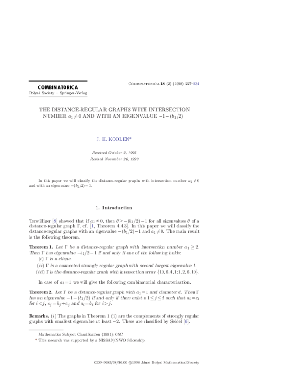 (PDF) The Distance-regular Graphs with Intersection Number a1!=0 and with an Eigenvalue -1-(b1/2)