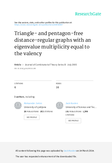 (PDF) Triangle and pentagon-free distance-regular graphs with an eigenvalue multiplicity equal ...
