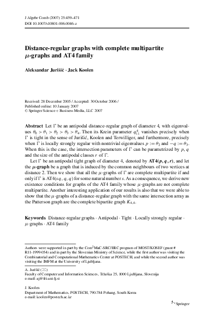 (PDF) Distance-regular graphs with complete multipartite μ -graphs and AT4 family