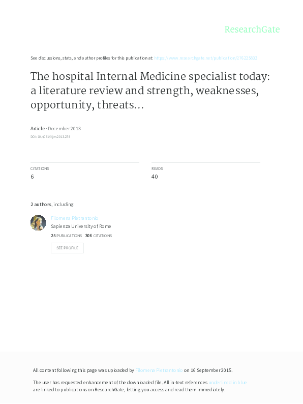 (PDF) The hospital Internal Medicine specialist today: a literature ...