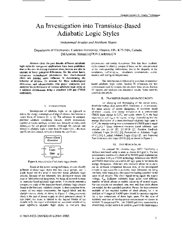 Pdf An Investigation Into Transistor Based Adiabatic Logic Styles