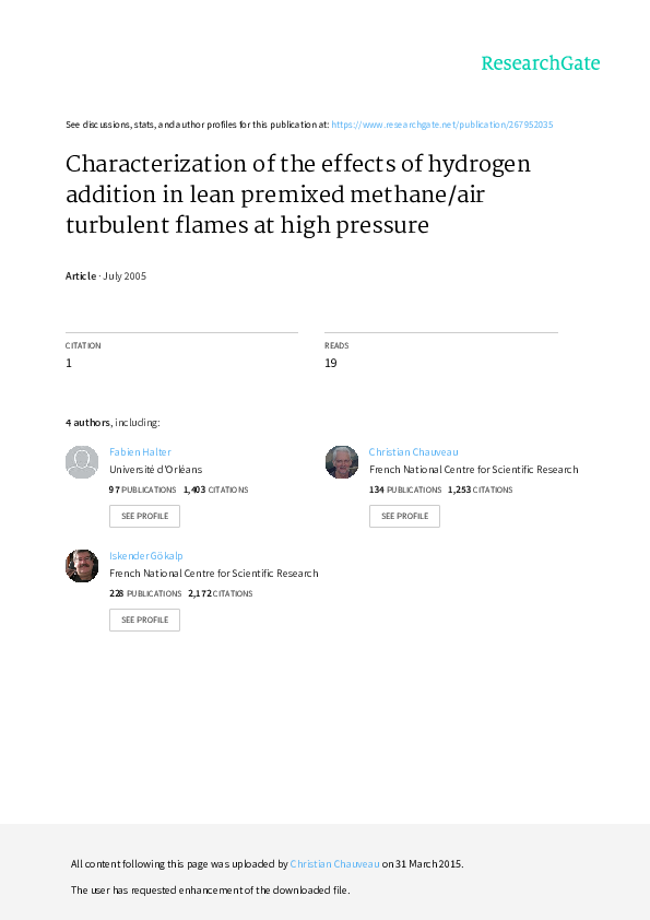 (PDF) Characterization of the effects of hydrogen addition in premixed methane/air flames