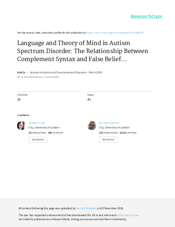 (PDF) Language and Theory of Mind in Autism Spectrum Disorder: The Relationship Between ...