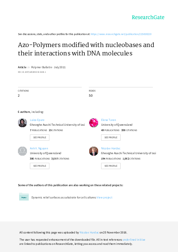 (PDF) Azo-polymers modified with nucleobases and their interactions ...