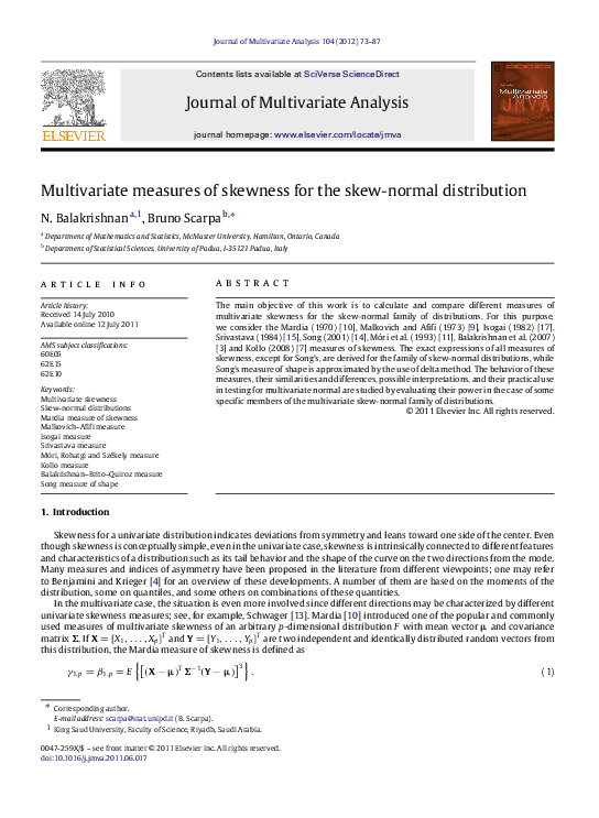 Pdf Multivariate Measures Of Skewness For The Skew Normal Distribution
