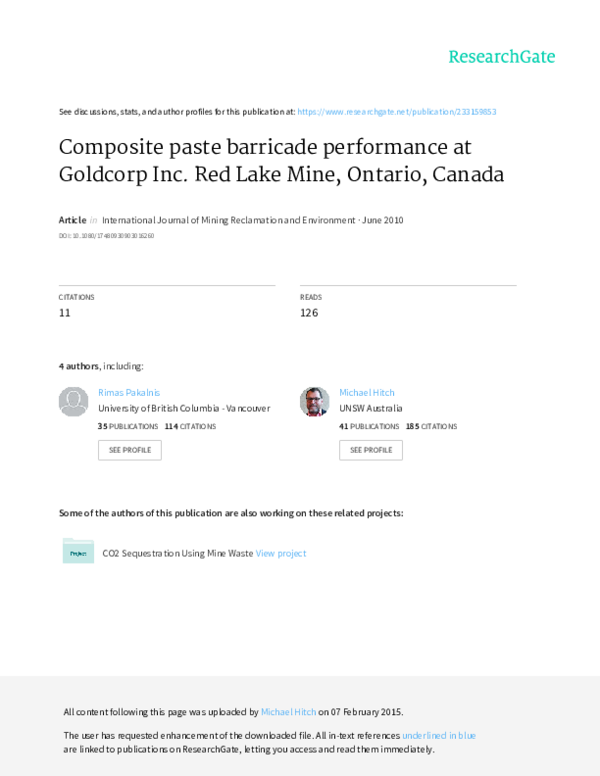 (PDF) Composite paste barricade performance at Goldcorp Inc. Red Lake ...