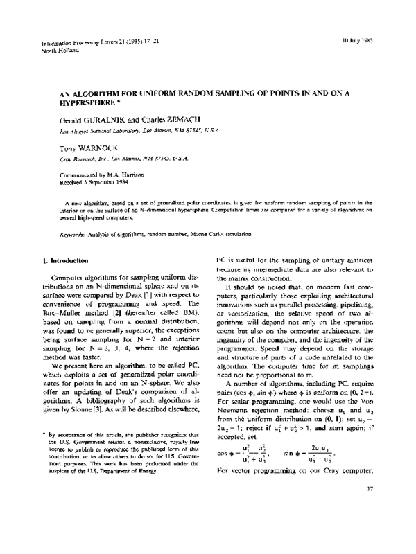 (PDF) An Algorithm for Uniform Random Sampling of Points In and On a Hypersphere