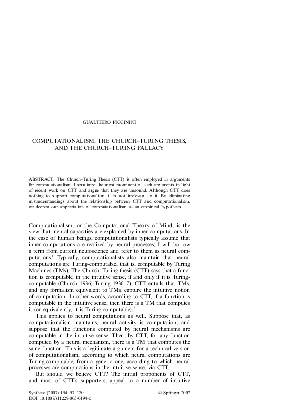 (PDF) Computationalism, The Church-Turing Thesis, and the Church-Turing Fallacy