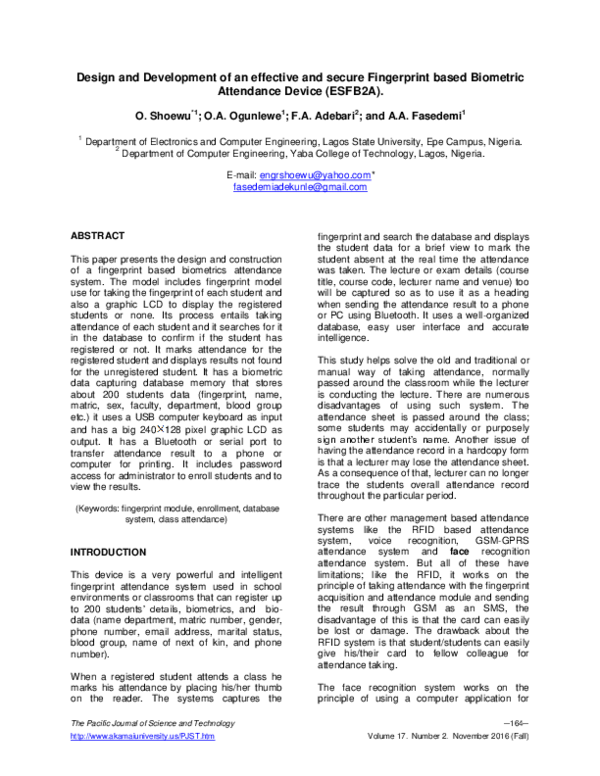 Pdf Design And Development Of Fingerprint Based Biometric Attendance System Humayun Rashid