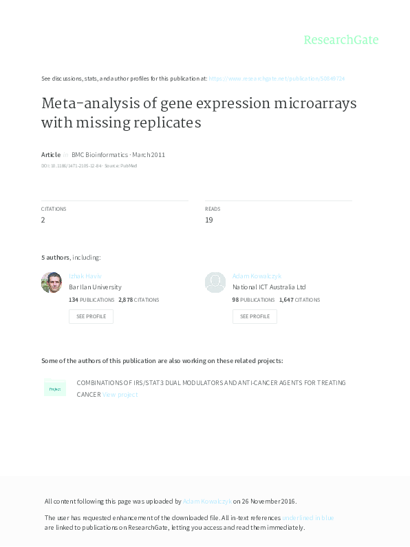 (PDF) Meta-analysis of gene expression microarrays with missing replicates