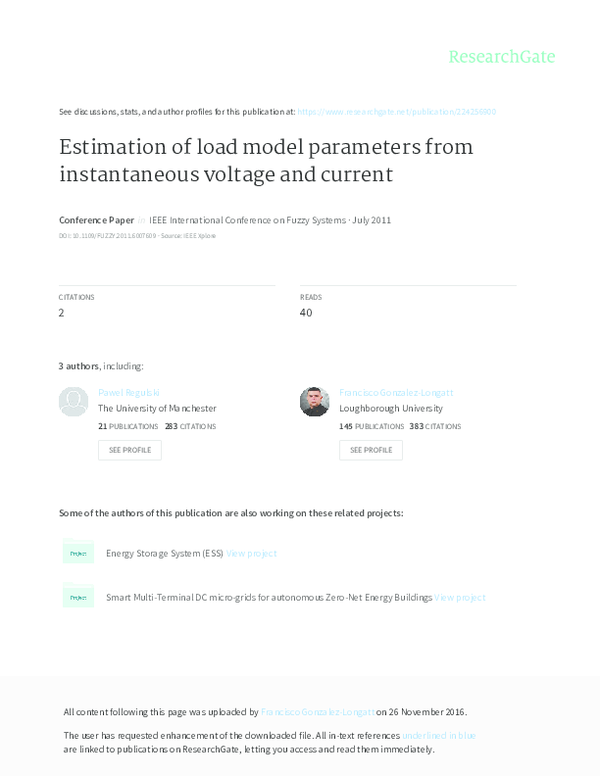 Pdf Estimation Of Load Model Parameters From Instantaneous Voltage And Current