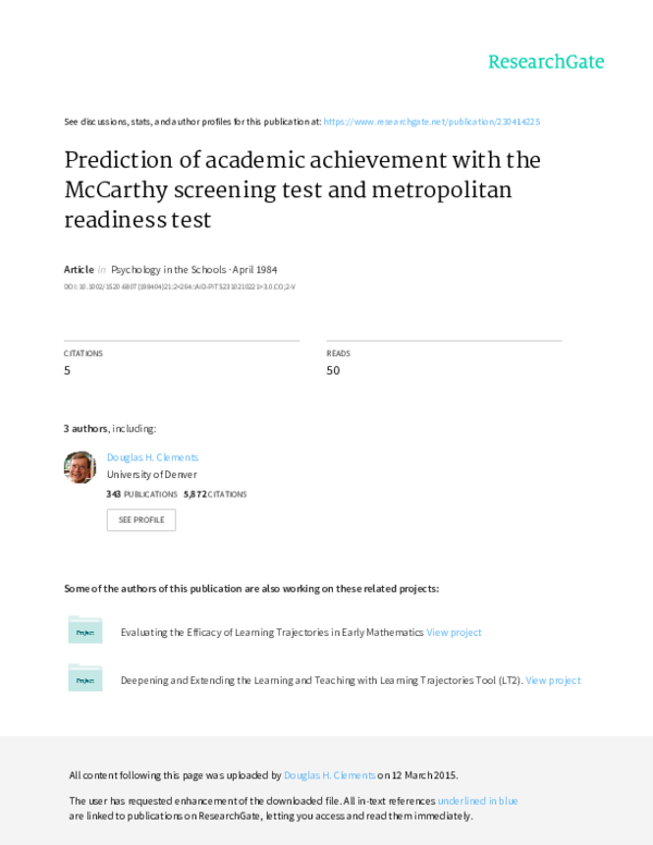 (PDF) Prediction of academic achievement with the McCarthy screening ...