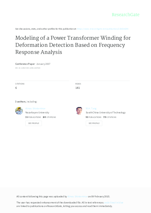 (PDF) Modeling of a Power Transformer Winding for Deformation Detection Based on Frequency ...