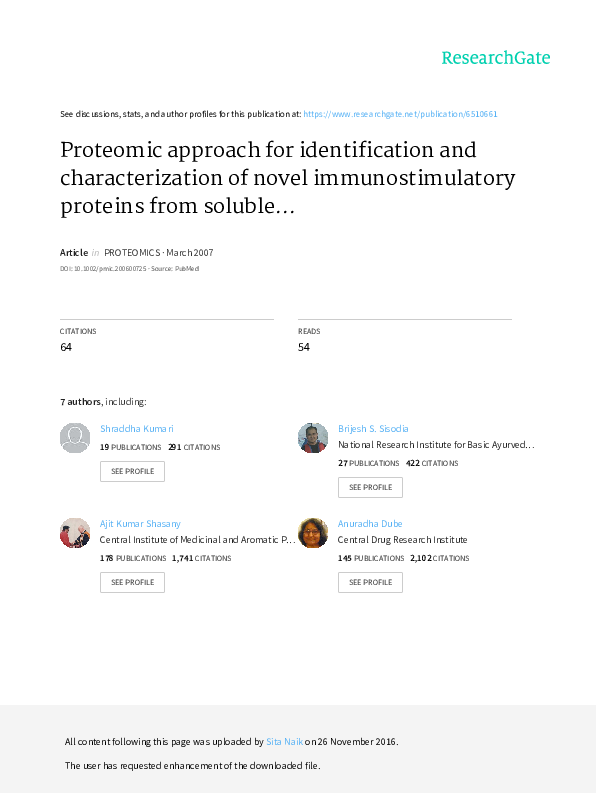 (PDF) Proteomic approach for identification and characterization of novel immunostimulatory ...
