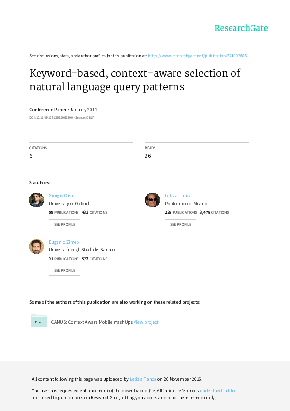 (PDF) Keyword-based, context-aware selection of natural language query patterns