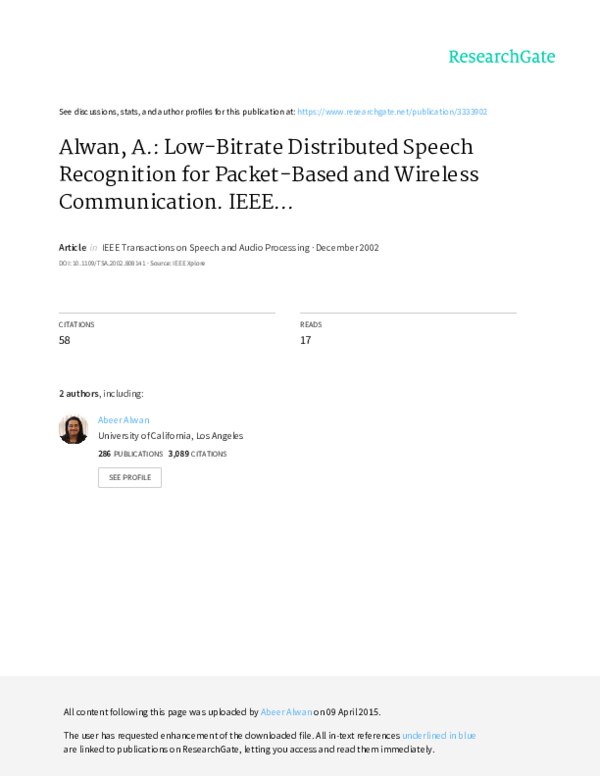 (PDF) Low-bitrate distributed speech recognition for packet-based and wireless communication
