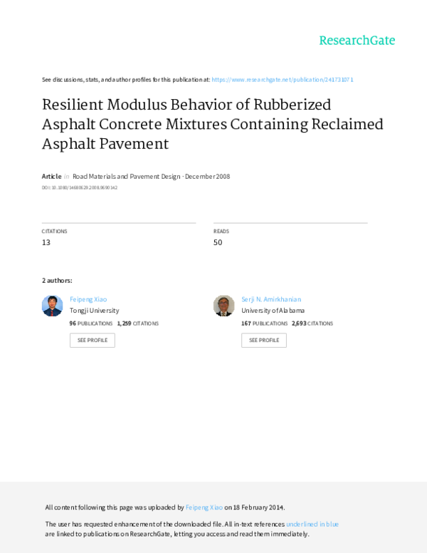 (PDF) Resilient Modulus Behavior of Rubberized Asphalt Concrete Mixtures Containing Reclaimed ...