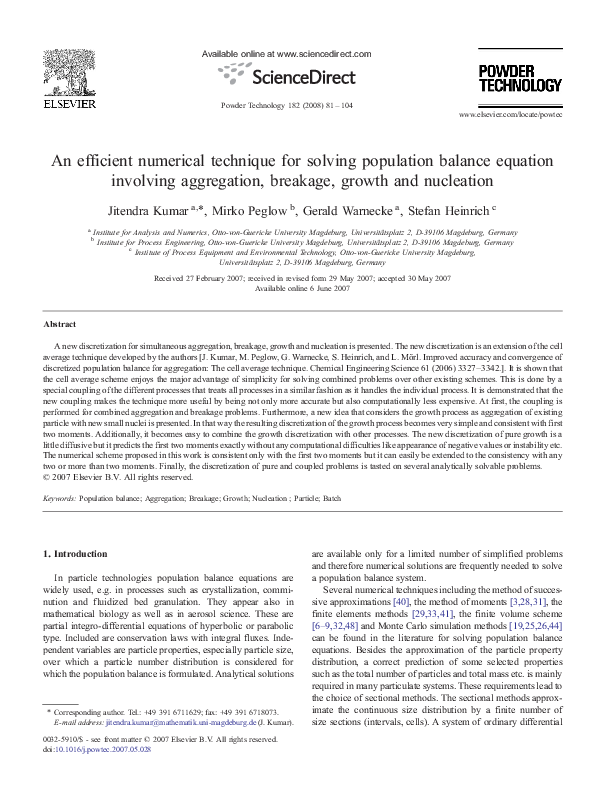 Pdf An Efficient Numerical Technique For Solving Population Balance Equation Involving