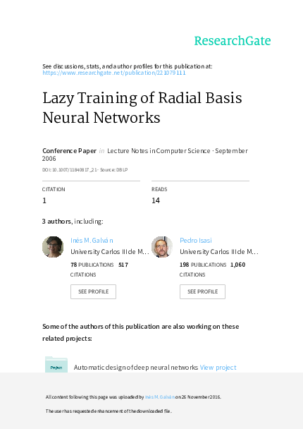 (PDF) Lazy Training of Radial Basis Neural Networks