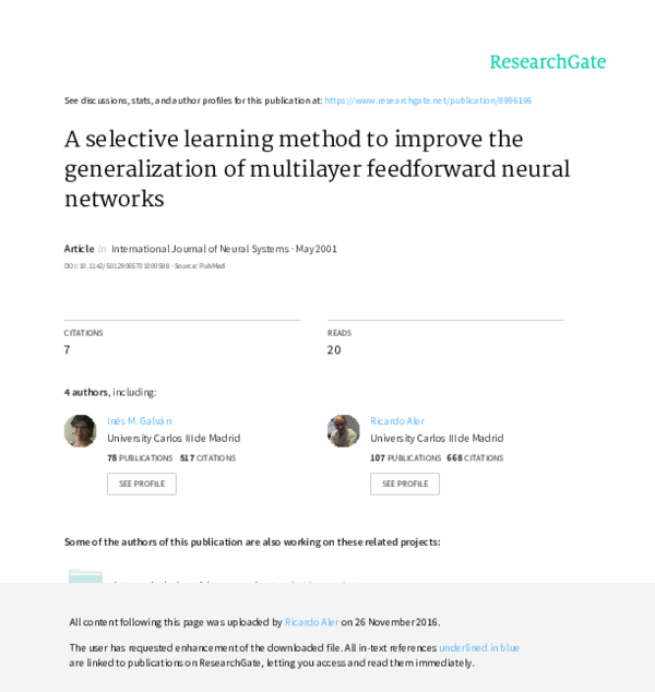 Pdf A Selective Learning Method To Improve The Generalization Of Multilayer Feedforward Neural