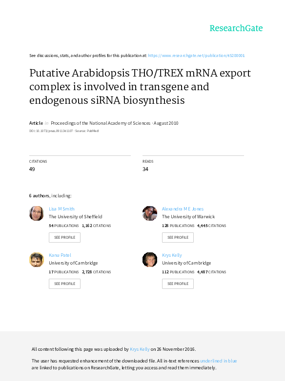 (PDF) Putative Arabidopsis THO/TREX mRNA export complex is involved in ...