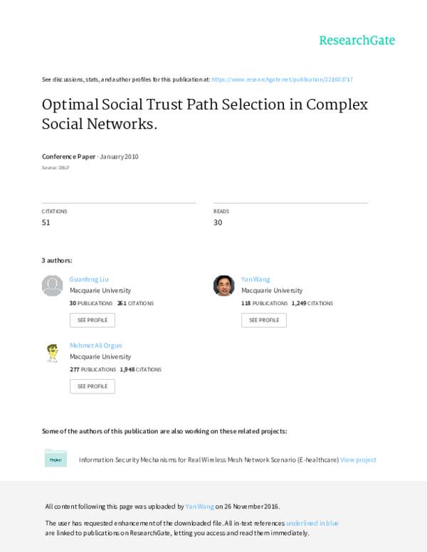(PDF) Optimal Social Trust Path Selection in Complex Social Networks