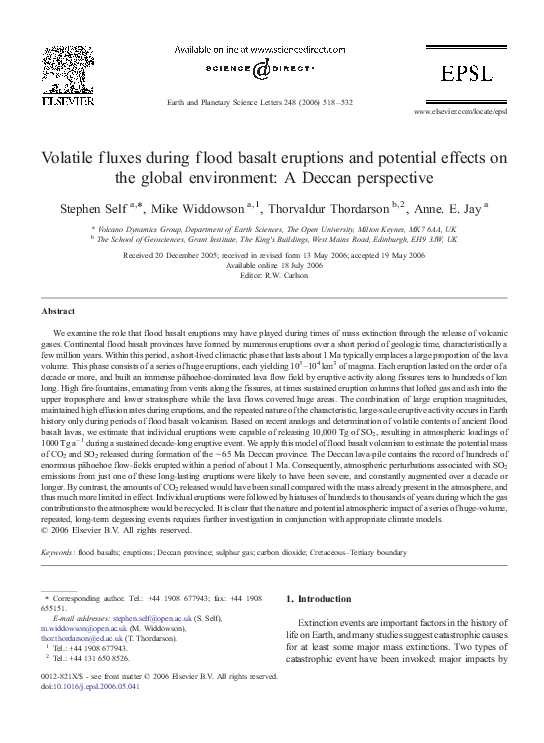 Pdf Volatile Fluxes During Flood Basalt Eruptions And Potential Effects On The Global