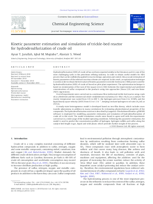 Pdf Kinetic Parameter Estimation And Simulation Of Trickle Bed