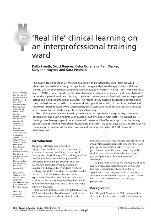 (PDF) ‘Real life’ clinical learning on an interprofessional training ward