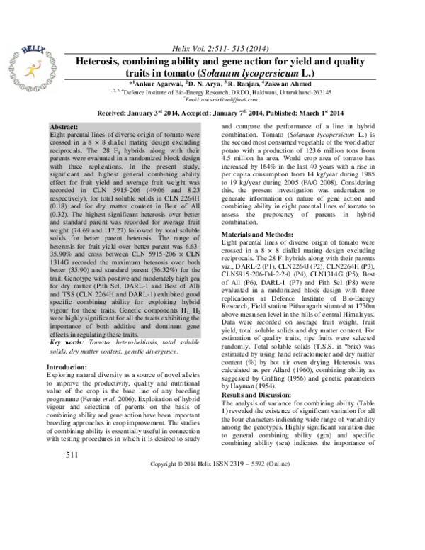 Pdf Heterosis Combining Ability And Gene Action For Yield And