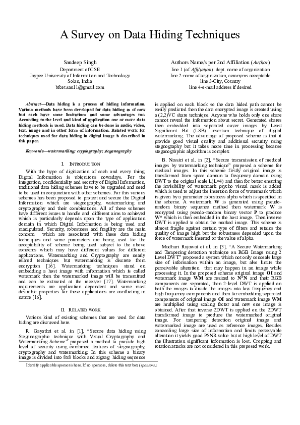 (DOC) Survey Paper on data hiding techniques