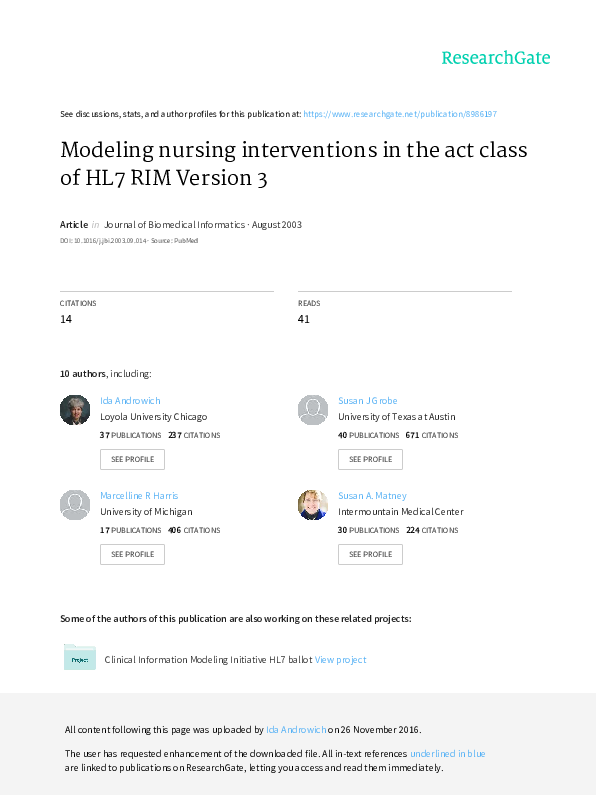 (PDF) Modeling nursing interventions in the act class of HL7 RIM Version 3