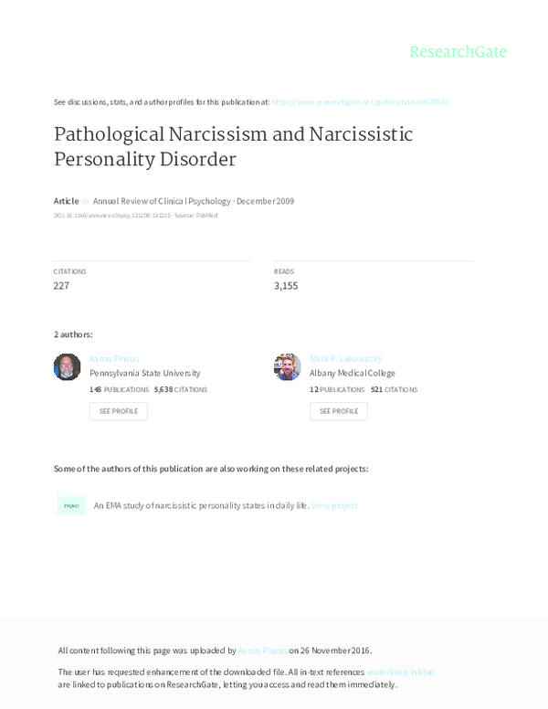 (PDF) Pathological Narcissism and Narcissistic Personality Disorder