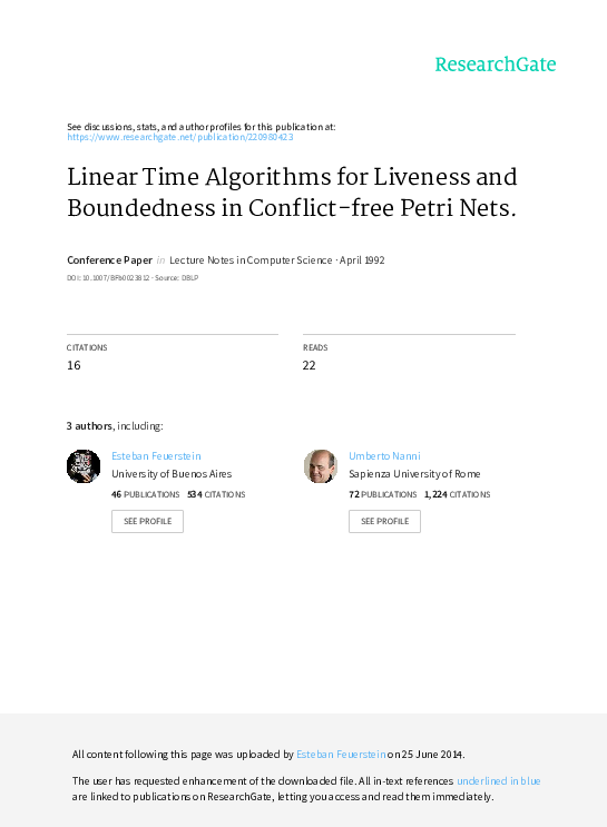 (PDF) Linear Time Algorithms for Liveness and Boundedness in Conflict-free Petri Nets