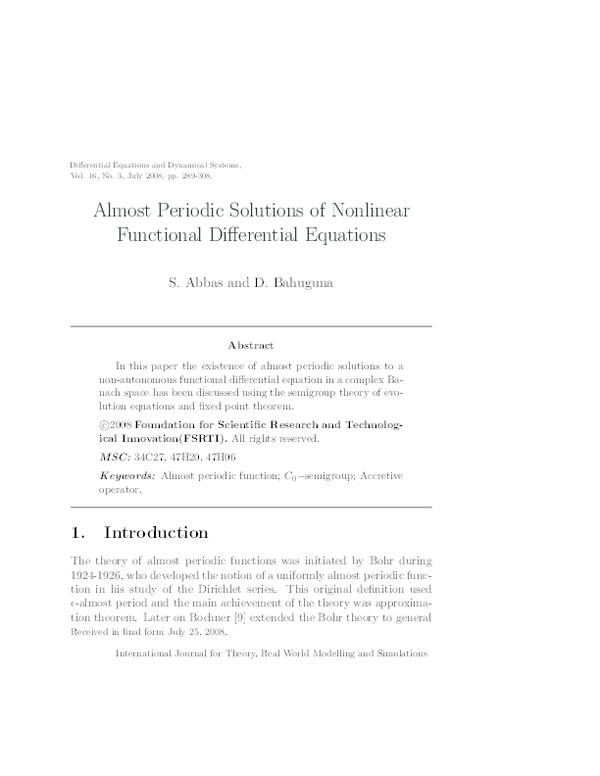Pdf Almost Periodic Solutions Of Nonlinear Functional Differential Equations