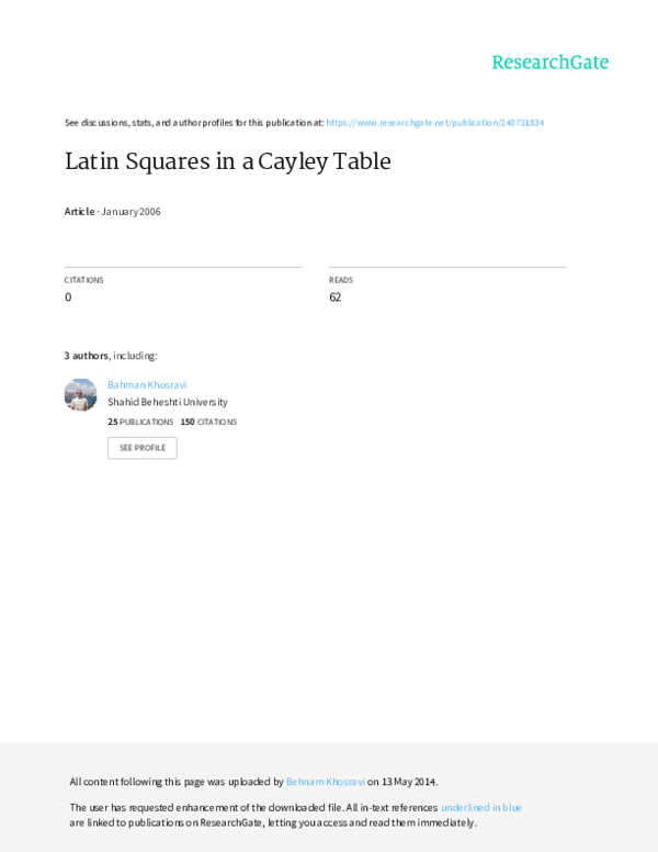 (PDF) Latin Squares in a Cayley Table