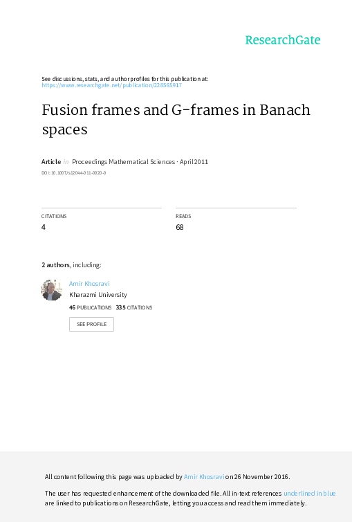 Pdf Fusion Frames And G Frames In Banach Spaces