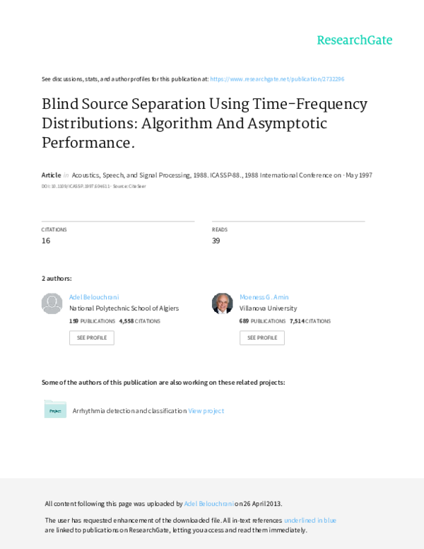 Pdf Blind Source Separation Using Time Frequency Distribution