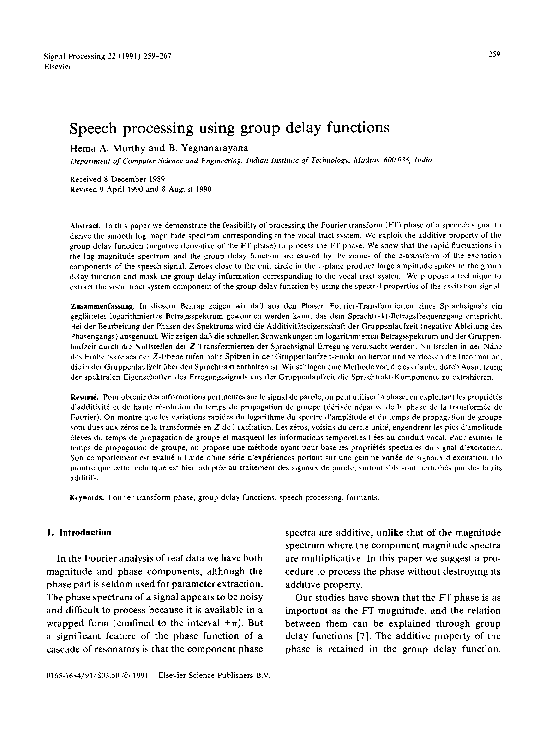 Pdf Speech Processing Using Group Delay Functions