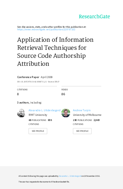 (PDF) Application of Information Retrieval Techniques for Source Code Authorship Attribution