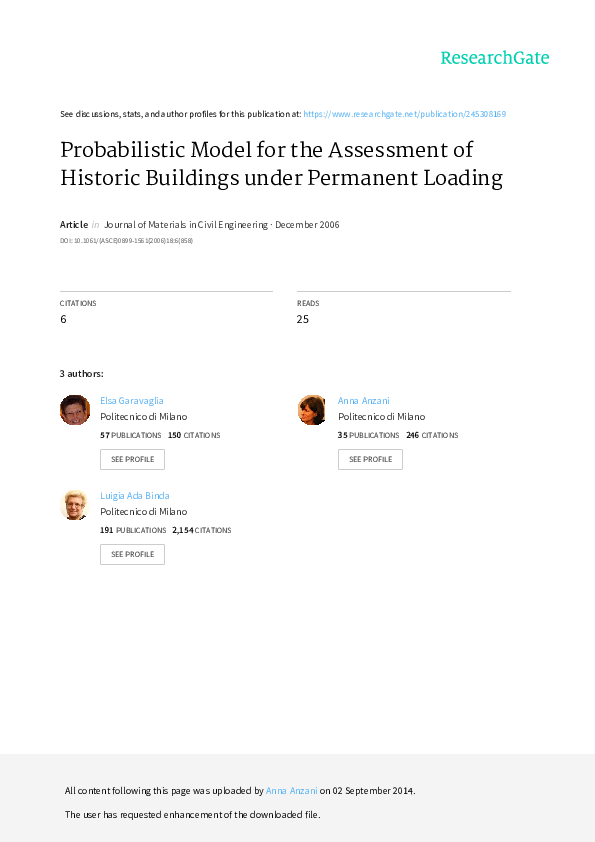 (PDF) Probabilistic Model for the Assessment of Historic Buildings under Permanent Loading